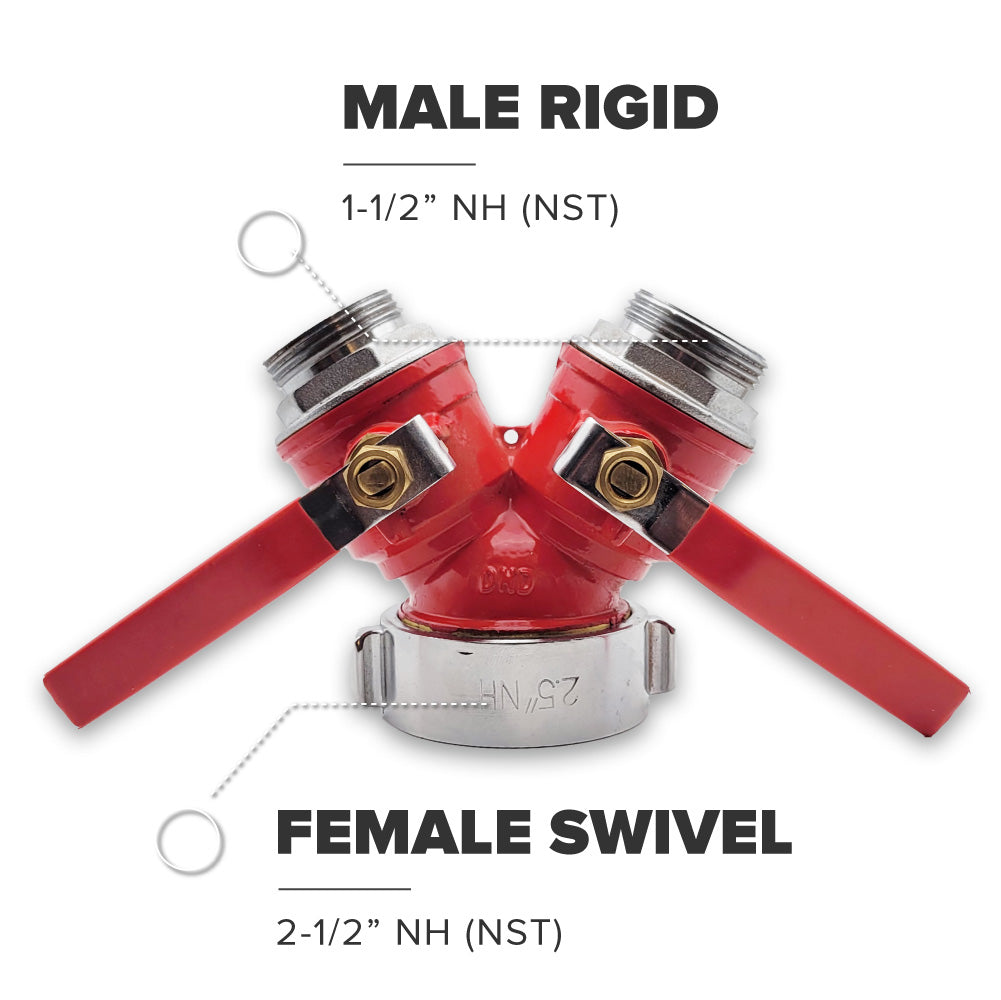 Chrome Plated Brass Wye Valve 2-1/2" NH-NST Inlet x 1-1/2" NH-NST Outl – FireHoseSupply.com